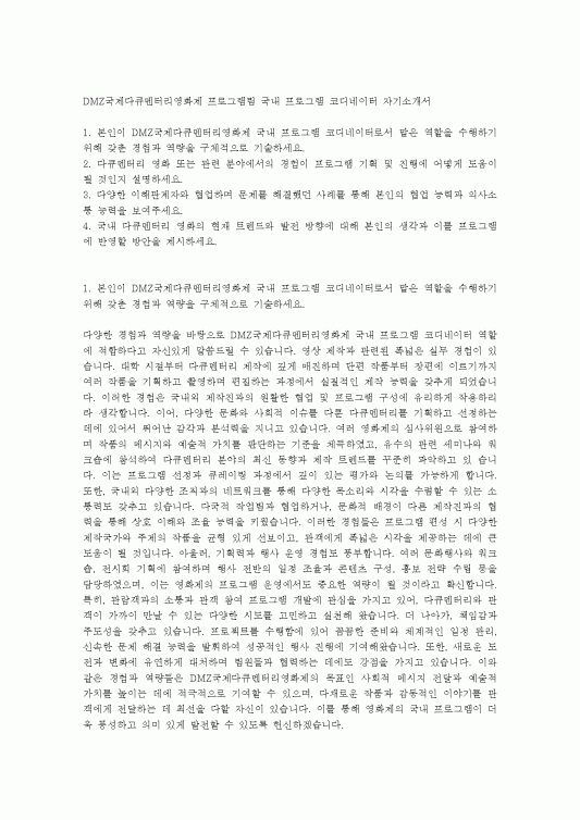 DMZ국제다큐멘터리영화제 프로그램팀 국내 프로그램 코디네이터 자기소개서