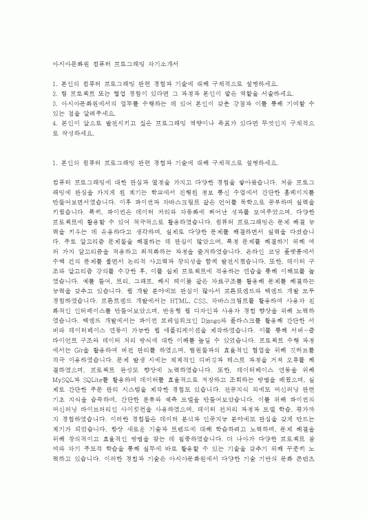 아시아문화원 컴퓨터 프로그래밍 자기소개서