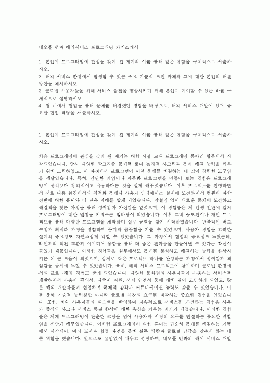 네오플 던파 해외서비스 프로그래밍 자기소개서