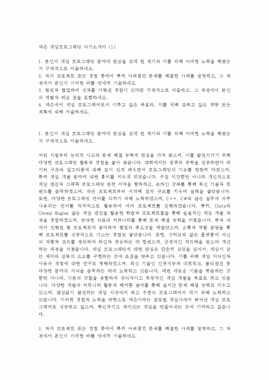 넥슨 게임프로그래밍 자기소개서 (1)