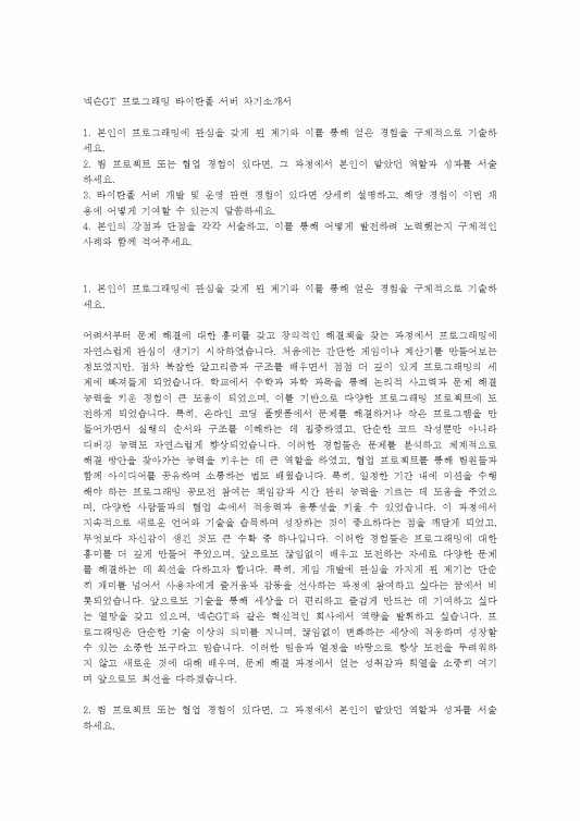 넥슨GT 프로그래밍 타이탄폴 서버 자기소개서