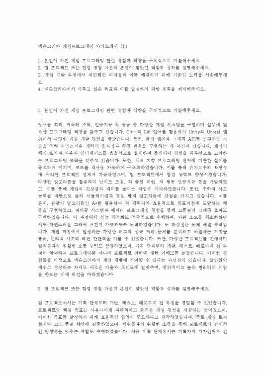 넥슨코리아 게임프로그래밍 자기소개서 (1)