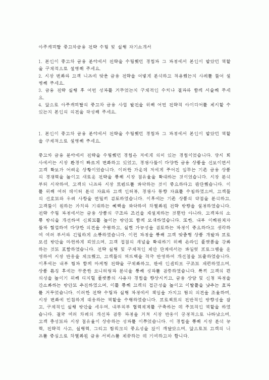 아주캐피탈 중고차금융 전략 수립 및 실행 자기소개서