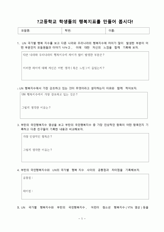 고등학교 통합사회 수행평가 자료