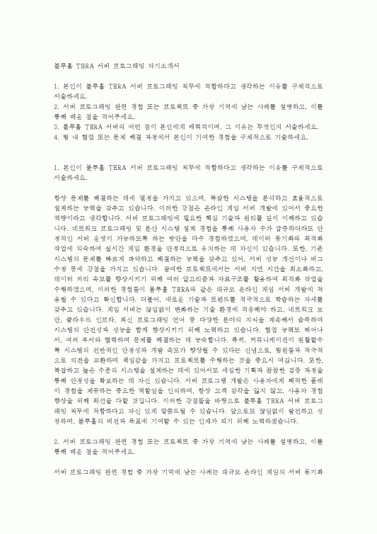 블루홀 TERA 서버 프로그래밍 자기소개서