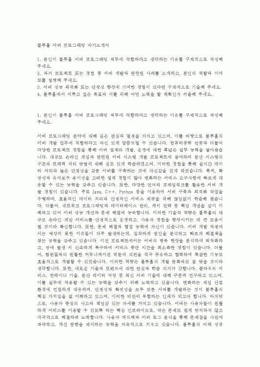 블루홀 서버 프로그래밍 자기소개서