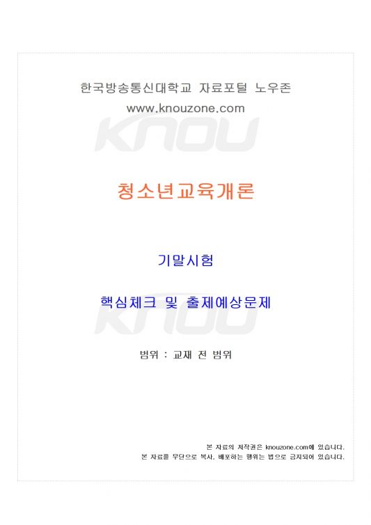 2025년 1학기 청소년교육개론 기말시험 핵심체크