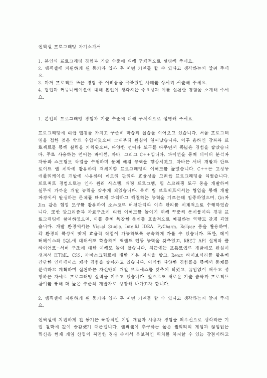 엔픽셀 프로그래밍 자기소개서
