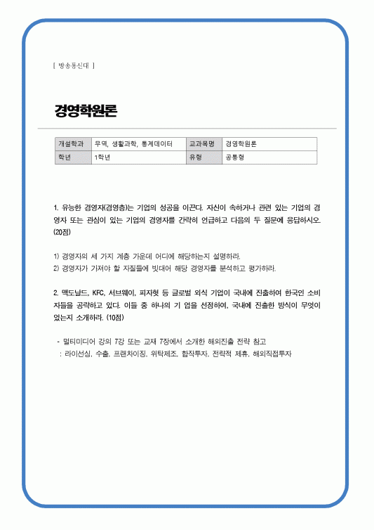 경영학원론) 1 유능한 경영자(경영층)는 기업의 성공을 이끈다 자신이 속하거나 관련 있는 기업의 경영자 또는 관심이 있는 기업의 경영자를 간략히 언급하고 다음의 두 질문에 응답