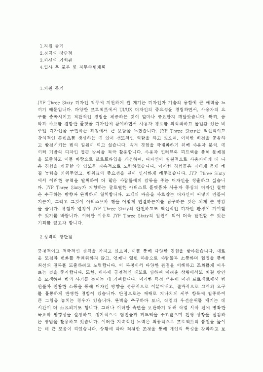 JYP Three Sixty 디자인(Web Design, UI_UX) 직무 BEST 우수 자기소개서 자소서