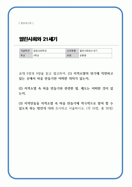 열린사회와21세기 (1) 지역소멸의 위기에 직면하고 있는 곳에서 마을 만들기란 어떠한 의미가 있는지 (2) 지역소멸 속 마을 만들기와 관련한 법, 제도는 어떠한 것 (3) 마을 만들기에 적극적으로 참여 할 수 있도록 하는 방안