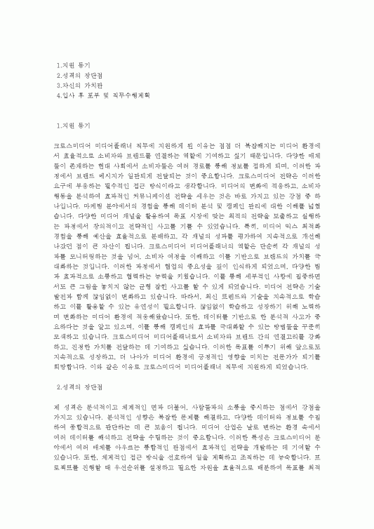 크로스미디어 미디어플래너 직무 BEST 우수 자기소개서 자소서