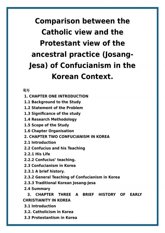 Comparison between the Catholic view and the Protestant view of the ancestral practice (Josang-Jesa)