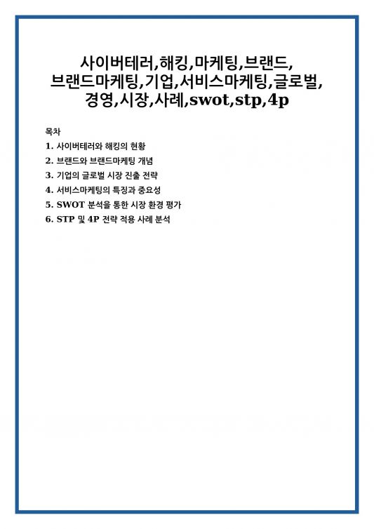 사이버테러,해킹,마케팅,브랜드,브랜드마케팅,기업,서비스마케팅,글로벌,경영,시장,사례,swot,stp,4p