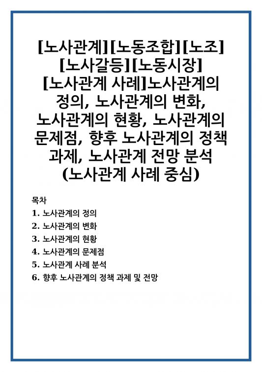 [노사관계][노동조합][노조][노사갈등][노동시장][노사관계 사례]노사관계의 정의, 노사관계의 변화, 노사관계의 현황, 노사관계의 문제점, 향후 노사관계의 정책 과제, 노사관계 전망 분석(노사관계 사례 중심)