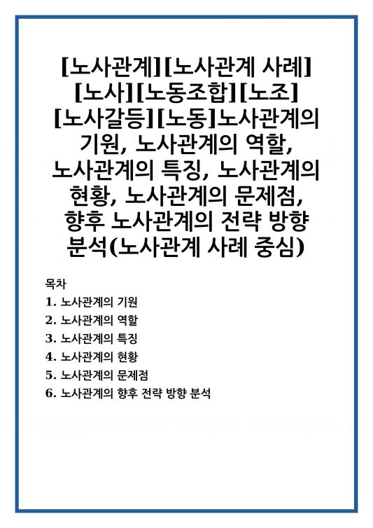 [노사관계][노사관계 사례][노사][노동조합][노조][노사갈등][노동]노사관계의 기원, 노사관계의 역할, 노사관계의 특징, 노사관계의 현황, 노사관계의 문제점, 향후 노사관계의 전략 방향 분석(노사관계 사례 중심)