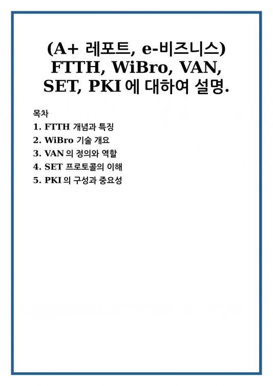 (레포트, e-비즈니스) FTTH, WiBro, VAN, SET, PKI에 대하여 설명.