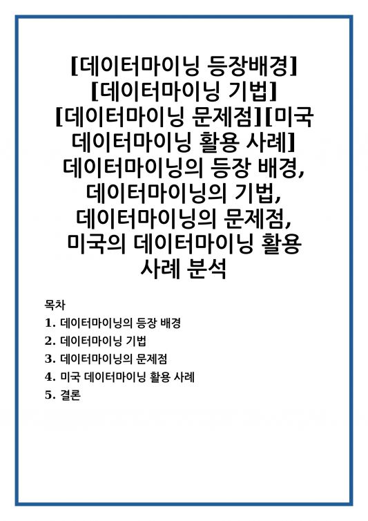 [데이터마이닝 등장배경][데이터마이닝 기법][데이터마이닝 문제점][미국 데이터마이닝 활용 사례]데이터마이닝의 등장 배경, 데이터마이닝의 기법, 데이터마이닝의 문제점, 미국의 데이터마이닝 활용 사례 분석
