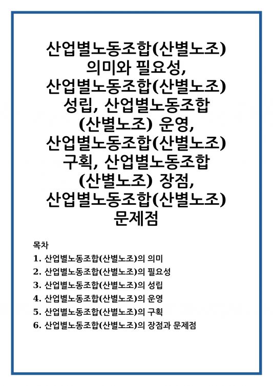 산업별노동조합(산별노조) 의미와 필요성, 산업별노동조합(산별노조) 성립, 산업별노동조합(산별노조) 운영, 산업별노동조합(산별노조) 구획, 산업별노동조합(산별노조) 장점, 산업별노동조합(산별노조) 문제점