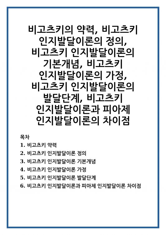비고츠키의 약력, 비고츠키 인지발달이론의 정의, 비고츠키 인지발달이론의 기본개념, 비고츠키 인지발달이론의 가정, 비고츠키 인지발달이론의 발달단계, 비고츠키 인지발달이론과 피아제 인지발달이론의 차이점