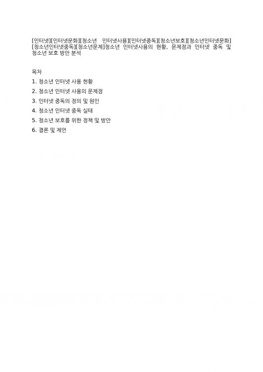 [인터넷][인터넷문화][청소년 인터넷사용][인터넷중독][청소년보호][청소년인터넷문화][청소년인터넷중독][청소년문제]청소년 인터넷사용의 현황, 문제점과 인터넷 중독 및 청소년 보호 방안 분석