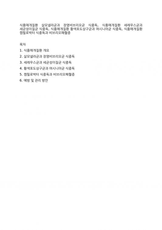식품매개질환 살모넬라균과 장염비브리오균 식중독, 식품매개질환 세레우스균과 세균성이질균 식중독, 식품매개질환 황색포도상구균과 여시니아균 식중독, 식품매개질환 캠필로박터 식중독과 비브리오패혈증