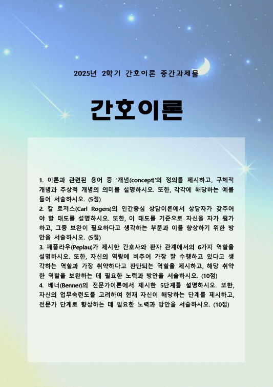 [간호이론 2025년] 1. 이론 관련 용어 중 개념의 정의, 구체적개념과 추상적개념, 각각 예, 2. 칼로저스 인간중심상담이론에서 상담자가 갖추어야 할 태도, 자가평가, 향상 방안 3. 페플라우의 간호사와 환자 관계에서의 6가지 역할, 잘 수행하고 있는 역할과 취약한 역할, 노력과 방안 4. 베너의 전문가이론에서 제시한 5단계, 자신의 단계, 노력과 방안