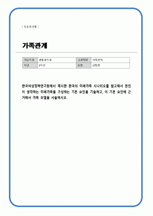 가족관계) 한국여성정책연구원에서 제시한 한국의 본인이 생각하는 미래가족 구성하는 기본 요인기술하고 근거해서 가족모델서술하시오