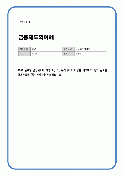 금융제도의이해) 2008 글로벌 금융위기에 대한 미, EU, 우리나라의 대응을 비교하고, 현재 글로벌 경제상황에 주는 시사점을 정리해보시오