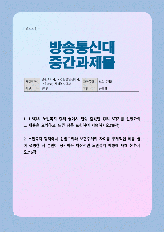 [노인복지론] 1-5강의 노인복지 강의 중에서 인상 깊었던 강의 3가지를 선정하여 그 내용을 요약하 고, 느낀 점을 포함하여 서술하시오