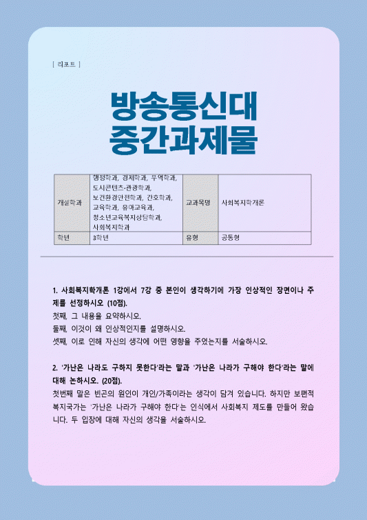 사회복지학개론3공통)) 사회복지학개론 1강에서 7강 중 인상적인장면이나 주제선정 가난은 나라도 구하지 못한다라는 말과 가난은 나라가 구해야 한다 논하시오