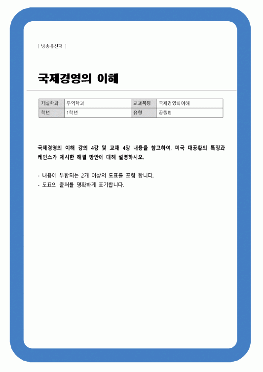 [국제경영의이해] 중간과제물) 국제경영의 이해 강의 4강 및 교재 4장 내용을 참고하여, 미국 대공황의 특징과 케인스가 제시한 해결 방안에 대해 설명하시오 내용에 부합되는 2개 이상의 도표를 포함 합니다 도표의 출처를 명확하게 표기합니다