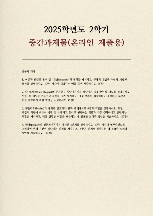 [간호이론 2025년 2학기 방송통신대 중간과제물] 1. 이론과 관련된 용어 중 개념의 정의 2. 칼 로저스의 인간중심 상담이론에서 상담자가 갖추어야 할 태도 3. 페플라우가 제시한 간호사와 환자 관계에서의 6가지 역할 4. 베너의 전문가이론에서 제시한 5단계