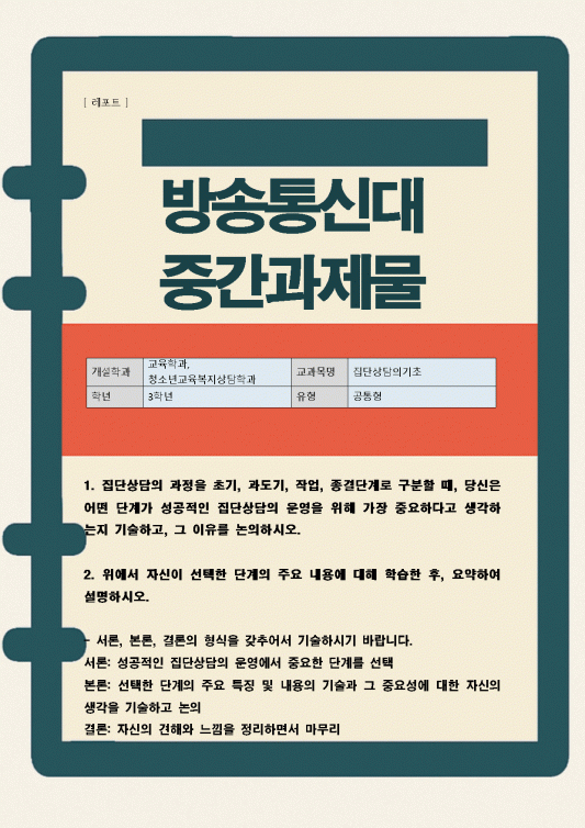[집단상담의기초] 집단상담의 과정을 초기 과도기 작업 종결단계로 구분할 때 당신은 어떤 단계가 성공적인 집단상담의 운영을 위해 가장 중요하다고 생각하는지 기술하고 그 이유를 논의하시오