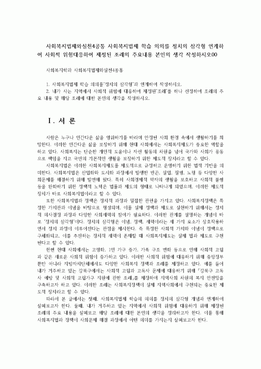 사회복지법제와실천4공통 사회복지법제 학습 의의를 정치의 삼각형 연계하여 사회적 위험대응하여 제정된 조례의 주요내용 본인의 생각 작성하시오00
