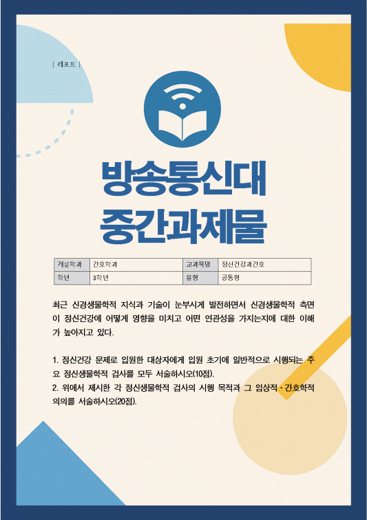 정신건강과간호)) 1. 정신건강 문제로 입원한 대상자에게 입원 초기에 일반적으로 시행되는 주요 정신생물학적 검사를 모두 서술 2 위에서 제시한 각 정신생물학적 검사의 시행 목적과 그 임상적간호학적 의의 서술