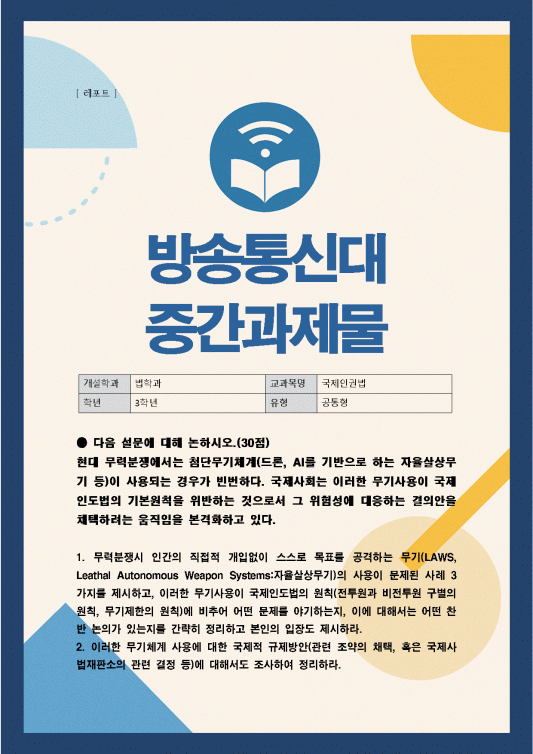 현대 무력분쟁에서는 첨단무기체계 드론 AI를 기반으로 하는 자율살상무기 등이 사용되는 경우가 빈번하다 국제사회는 이러한 무기사용이 국제인도법의 기본원칙을 위반하는 것으로서 그 위험성에 대응하는 결의안을 채택하려는 움직임을 본격화하고 있다 등
