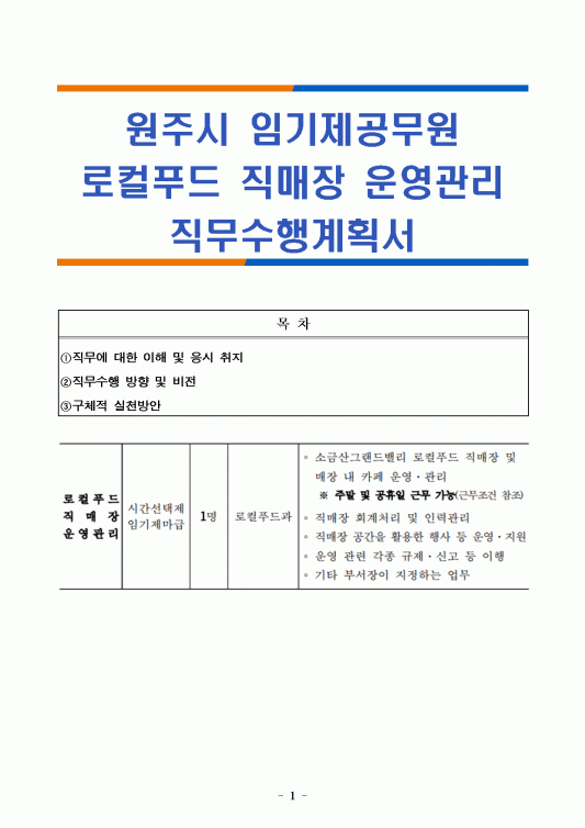 원주시 임기제공무원 로컬푸드 직매장 운영관리 직무수행계획서