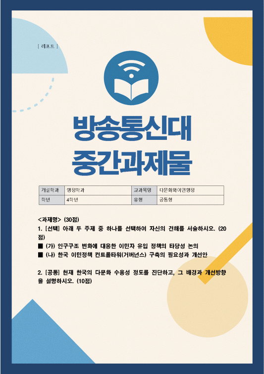 다문화와이민행정))  아래 두 주제 중 하나를 선택하여 자신의 견해를 서술하시오 인구구조 변화에 대응한 이민자 유입 정책의 타당성 논의 외