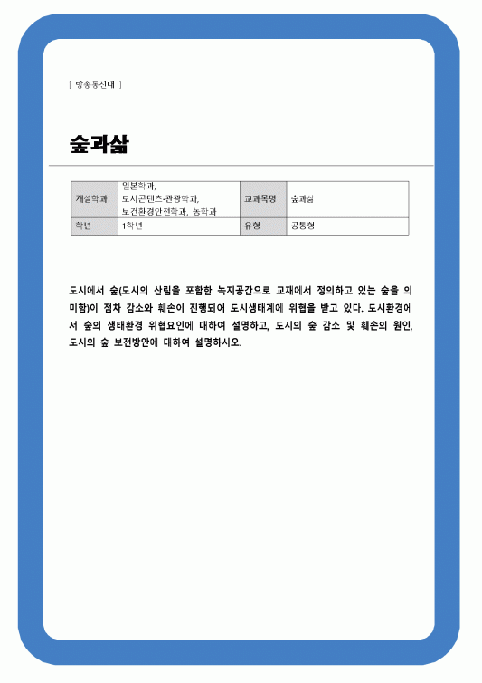 [숲과삶] 도시에서 숲이 점차 감소와 훼손이 진행되어 도시생태계에 위협을 받고 있다 도시환경에서 숲의 생태환경 위협요인에 대하여 설명하고 도시의 숲 감소 및 훼손의 원인 도시의 숲 보전방안에 대하여 설명하시오