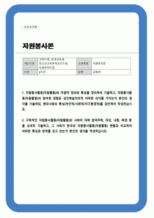 [자원봉사론] 자원봉사활동의 개념적 정의와 특성을 정리하여 기술 자원봉사활동에 참여한 경험은 성인학습자에게 어떠한 의미를 가지는지 본인의 생각을 기술 현대사회의 특성을 감안하여 작성하십시오
