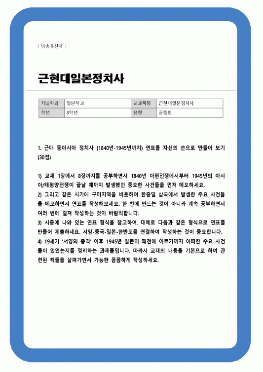 근현대일본정치사 교재 1장에서 8장까지를 공부하면서 1840년 아편전쟁에서부터 1945년의 아시아태평양전쟁이 끝날 때까지 발생했던 중요한 사건들을 먼저 메모 등