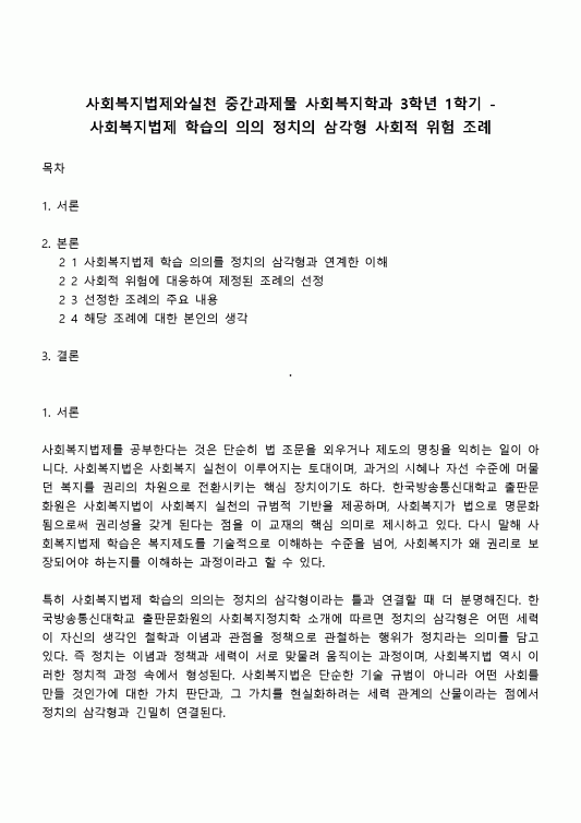 사회복지법제와실천 중간과제물 사회복지학과 3학년 1학기 - 사회복지법제 학습의 의의 정치의 삼각형 사회적 위험 조례