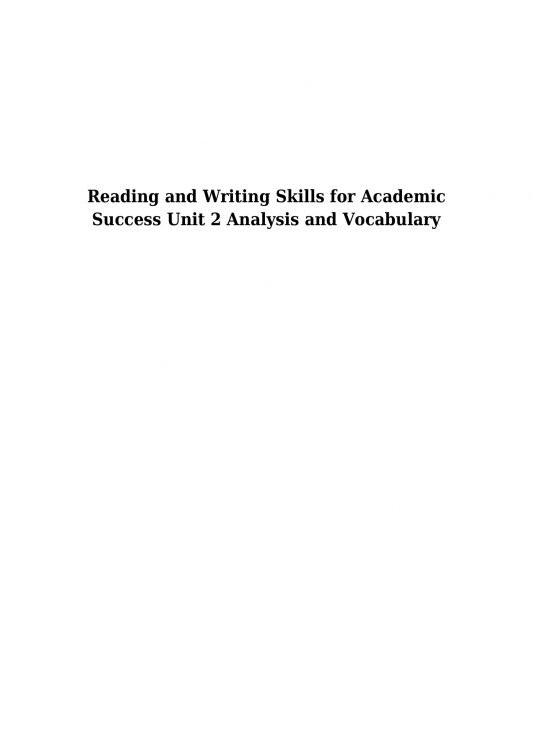 Reading and Writing Skills for Academic Success Unit 2 Analysis and Vocabulary