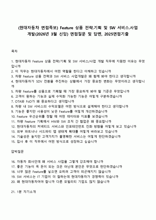 (현대자동차 면접족보) Feature 상품 전략