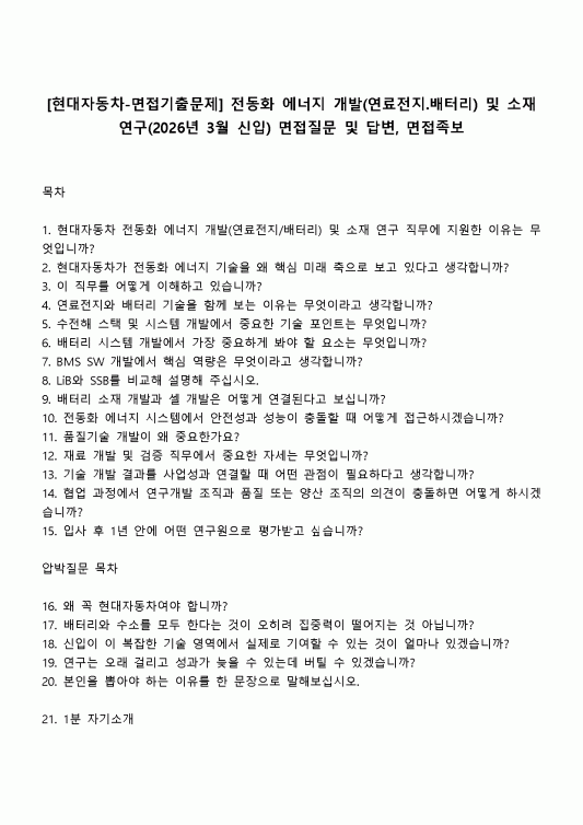 [현대자동차-면접기출문제] 전동화 에너지 개발(연료전지