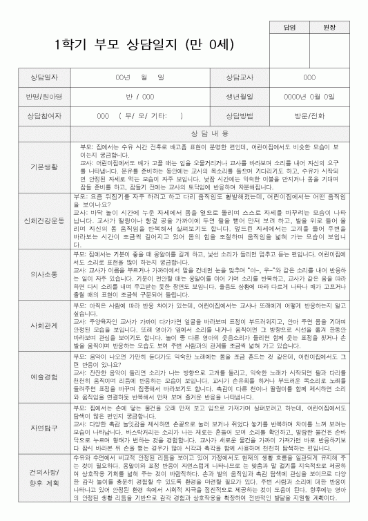 만 0세 6명 1학기 실제 대면 상담 적용 부모 상담일지