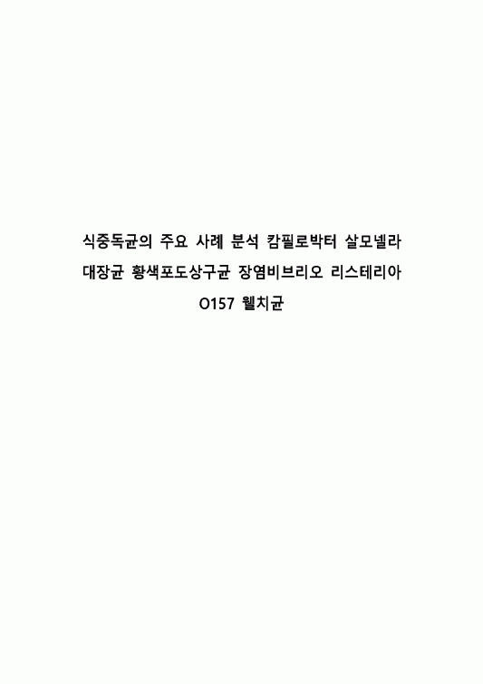 식중독균의 주요 사례 분석 캄필로박터 살모넬라 대장균 황색포도상구균 장염비브리오 리스테리아 O157 웰치균