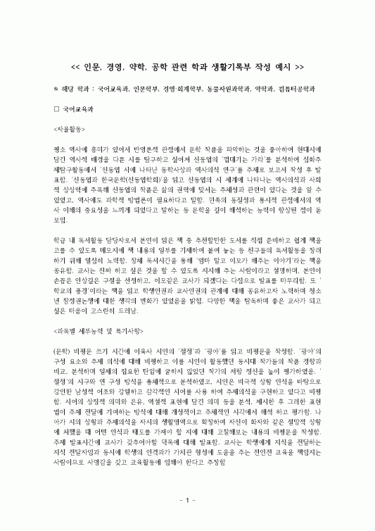 인문 경영 약학 공학 관련 학과 지원에 참고할 고등학교 생활기록부 예시