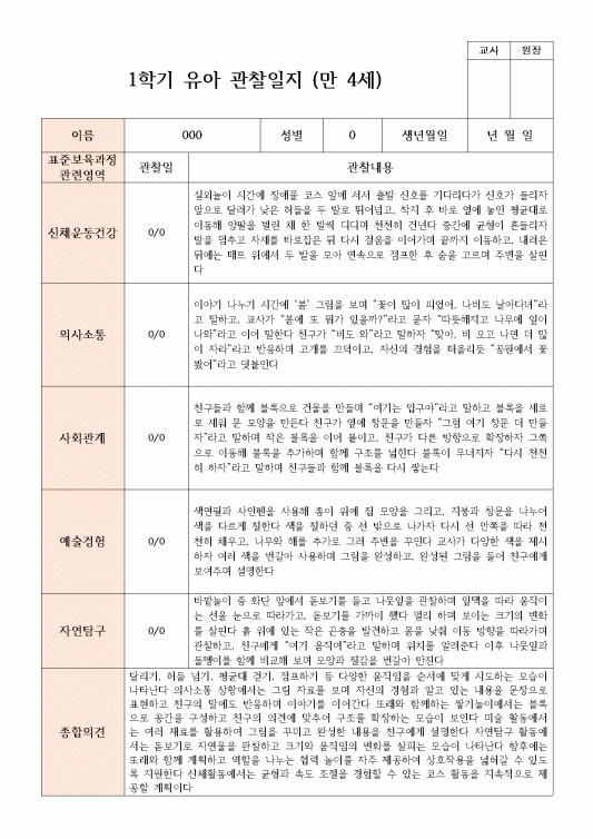 실제사례 관찰일지 만 4세 20명 1학기 관찰일지와 해석